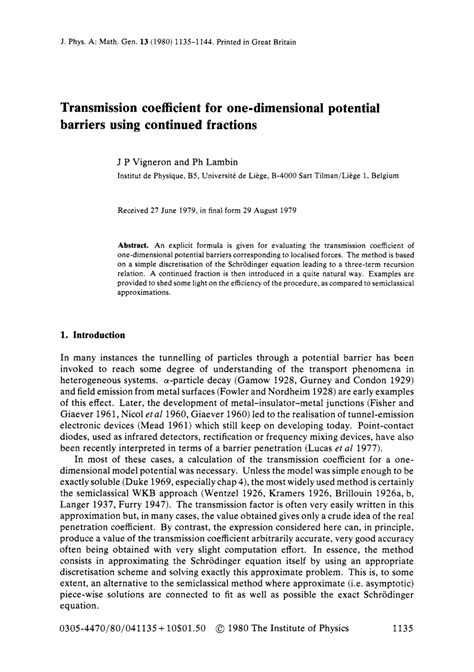 Pdf Transmission Coefficient For One Dimensional Potential Barriers