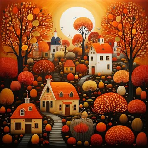 Premium Ai Image Autumn Landscape House Orange Color Trees Design Generative Ai