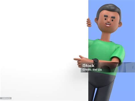 웃는 아프리카 계 미국인 남자 데이비드가 빈 프리젠 테이션이나 정보 보드에서 손가락을 가리키는 3d 그림 광고 플래 카드로 웃고있는 귀여운 만화 사업가의 초상화를 닫으십시오