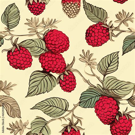 Seamless Vintage Pattern With Raspberry Berry Hand Drawn Raspberries Pattern On Beige