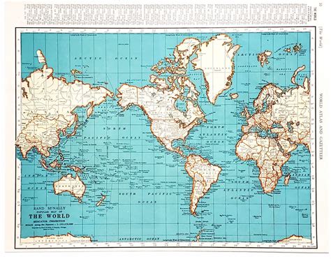 1939 World Map Mercators Projection North America Asia Africa