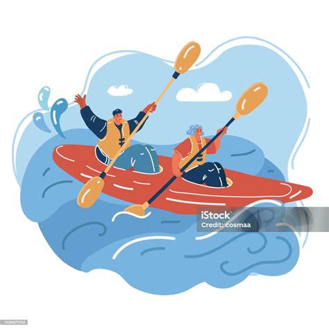 Sportsman 카약 캐릭터 카약 승마 및 바다 파도에서 보트 카누를 노를 젓는 벡터 일러스트 레이 션 익스트림 아웃도어 워터스포츠 활동 활동적인 라이프스타일 경관에 대한