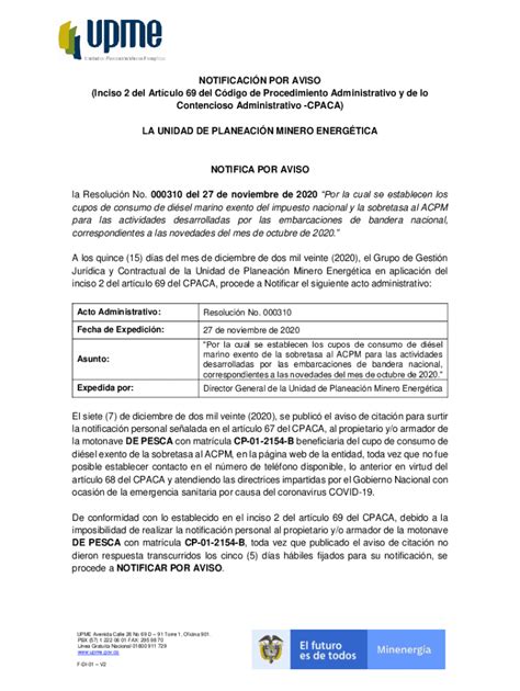 Completable En línea www1 upme gov NOTIFICACIN POR AVISO Auto de