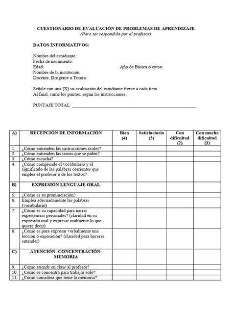 Cuestionario De Evaluación De Problemas De Aprendizaje Pdf Maestros Ciencia Cognitiva