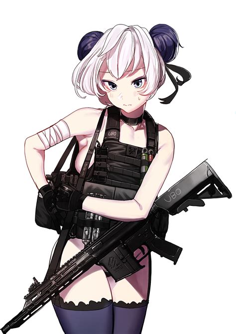 Safebooru 1girl Assault Rifle Bag Bandage Bare Shoulders Black Gloves