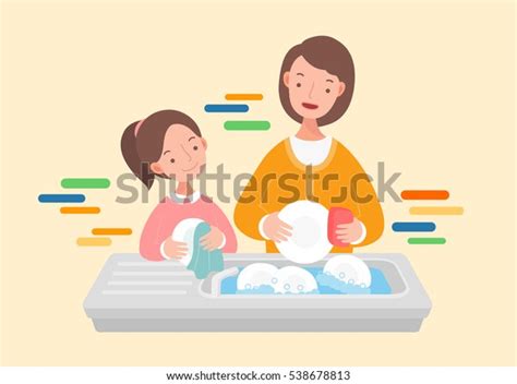 Mother Daughter Washing Dishes Stock Vector Royalty Free 538678813
