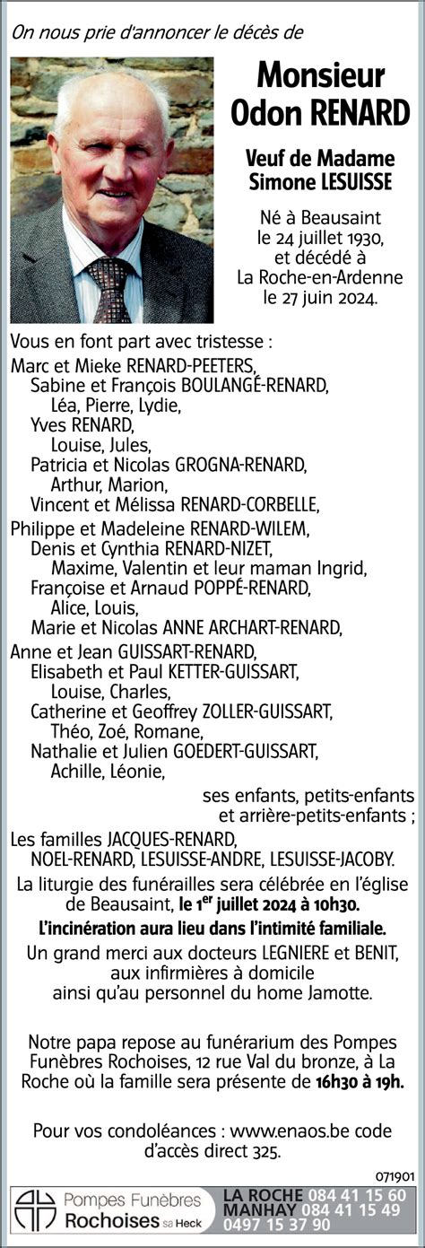 Avis De Décès De Odon Renard Décédé Le 27062024 à La Roche En Ardenne