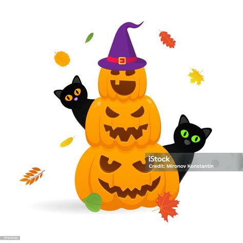 무서운 얼굴 표정 으로 설정 된 오렌지 할로윈 호박의 더미 흰색 배경에 고립 된 플랫 스타일 디자인 벡터 일러스트 뒤에 마녀 모자와 검은 고양이가있는 단풍 10월에 대한