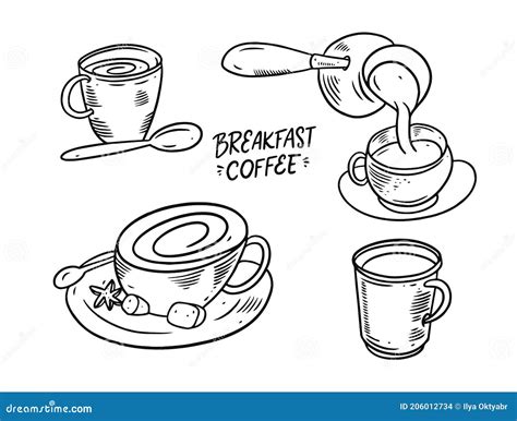 Breakfast Coffee Hand Draw Black Color Vector Illustration Sketch