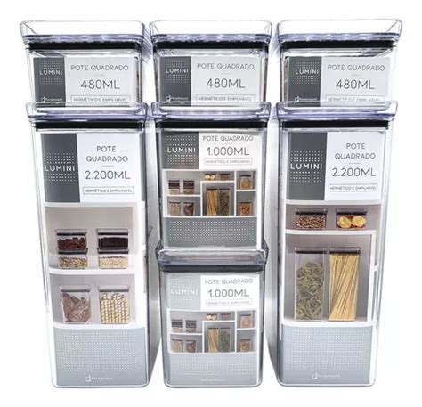 Kit Potes Mantimentos Alimento Hermético Quadrado Acrílico Frete grátis