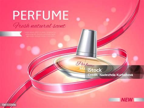 현실적인 향수 배너 컬러 변기 물 3d 향수 포장 디자인 말린 분홍색 리본 매력적인 홍보 템플릿 벡터 광고 포스터가있는 투명 유리 병 0명에 대한 스톡 벡터 아트 및 기타