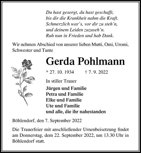 Traueranzeigen Von Gerda Pohlmann Trauer Anzeigen De