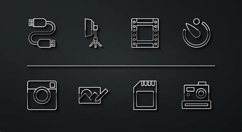 라인 Usb 케이블 코드 포토 카메라 카메라 타이머 Sd 카드 리터칭 소프트박스 라이트 롤 카트리지 아이콘을 설정합니다 벡터
