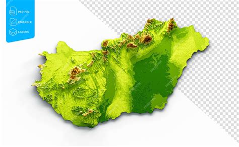 헝가리 지도 흰색 배경 3d 그림에 음영 구호 색상 높이 지도 프리미엄 Psd 파일