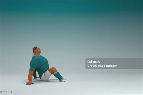 녹색 셔츠와 흰색 바지를 입은 운동 선수가 앉아 있습니다 연기에서 만화 캐릭터의 3d 렌더링 3차원 형태에 대한 스톡 사진 및