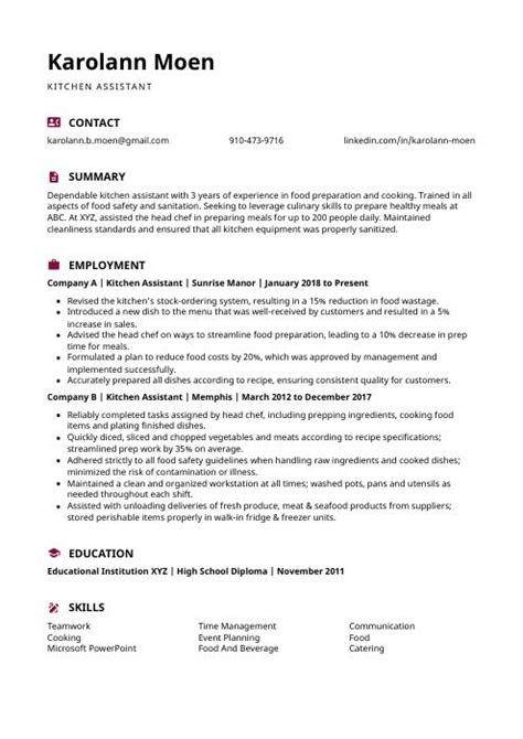 Kitchen Assistant Resume Cv Example And Writing Guide