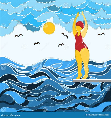 A Girl In A Bathing Suit Jumping From A Springboard Into The Water