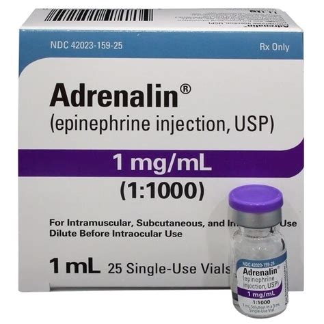 Adrenaline Chloride Epinephrine 1 1000 1mg ML SDV 1mL 25 Vials