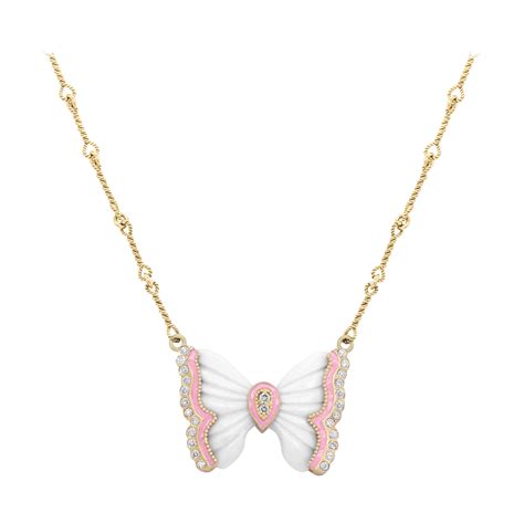 Pink Opal Gold And Diamond Butterfly Pendant Necklace Black Enamel
