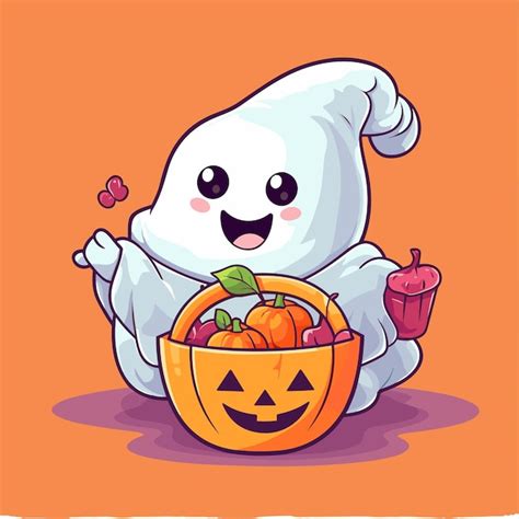 Premium Vector Cute Ghost Holding Candy Basket Pumpkin Cartoon