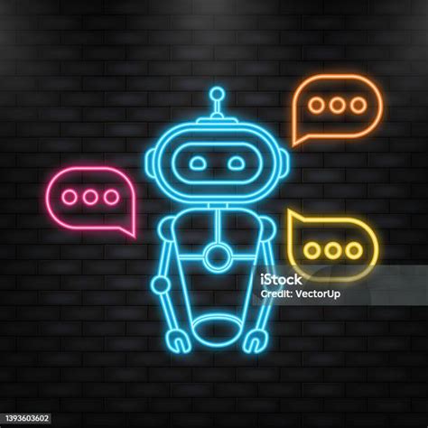 네온 아이콘 챗봇 아이콘 개념 챗봇 또는 챗터봇 웹 사이트 또는 모바일 응용 프로그램의 로봇 가상 지원 벡터 일러스트레이션 로봇에 대한 스톡 벡터 아트 및 기타 이미지