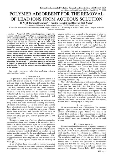 Pdf Polymer Adsorbent For The Removal Of Lead Ions From Aqueous Solution