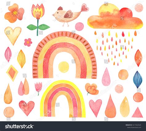 Set Cute Watercolor Elements Rainbow Drops Stock Illustration 1617322525