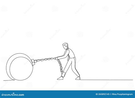 Businessman Pulling Hard Big Iron Ball Chained To His Leg Single Continuous Line Art Stock