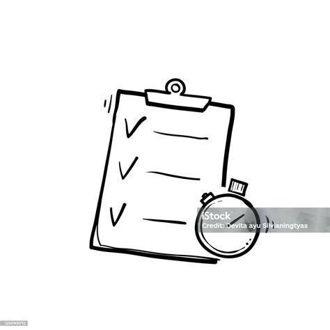 손으로 그린 빠른 서비스 체크 리스트 및 스톱워치 계획 미루기 및 효율성 프로젝트 관리 빠른 설문지 짧은 설문 조사 낙서 가입서에 대한 스톡 벡터 아트 및 기타 이미지