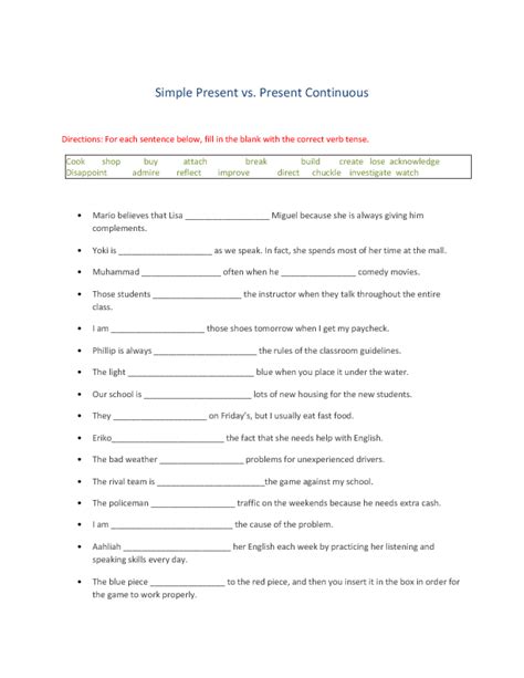 Present Simple Vs Present Continuous Exercises