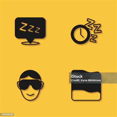 긴 그림자와 졸린 베개 눈 수면 마스크와 알람 시계 아이콘을 설정합니다 벡터 개인 장식품에 대한 스톡 벡터 아트 및 기타 이미지 개인 장식품 건강한 생활방식 검은색