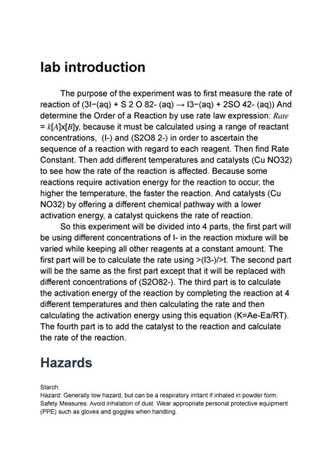 Kinetics Per Lab Per Lab Lab Introduction The Purpose Of The Experiment Was To First Measure