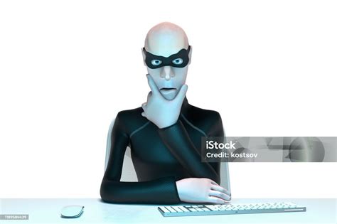 도난을 저지르는 노트북을 사용하여 마스크에 문자 해커 존 Scammer 사이버 공격과 인터넷 보안 3d 렌더링 노트북에 대한 스톡 사진 및 기타 이미지 Istock