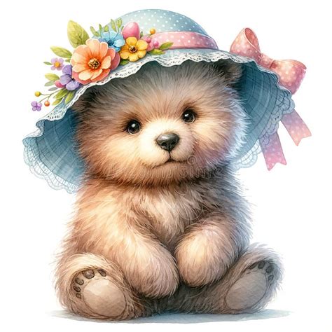 Bear Wearing An Easter Bonnet Watercolor Illustrations On A White