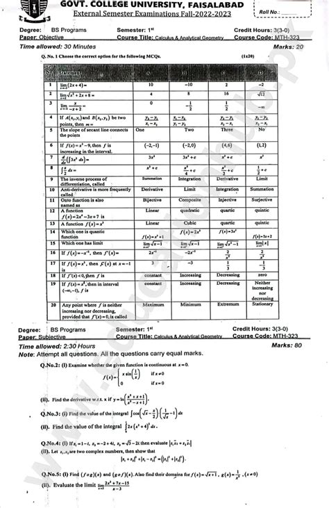 Mth 323 Calculus And Analytical Geometry Bs Program Gcuf Past Paper 2023