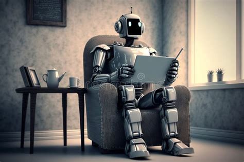 Ai Robot Uses Digital Tablet Sitting In Armchair In House Room Ai