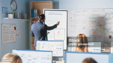 초등학교 수업 교사는 인터랙티브 디지털 화이트보드를 사용하고 다양한 스마트 어린이 그룹에 대한 교훈을 설명합니다 현대 교육을