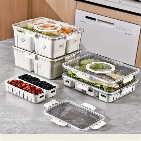 뚜껑과 배수 바구니가있는 1pc 냉장고 보관함 24 구획 투명 배수 가능 쌓을 수있는 농산물 보호기 컨테이 Temu