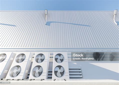 공장 공장 외부의 응축기 장치 또는 압축기의 3d 렌더링 Ac 에어컨 난방 환기 또는 Hvac 에어컨 시스템 장치 열과 냉각을
