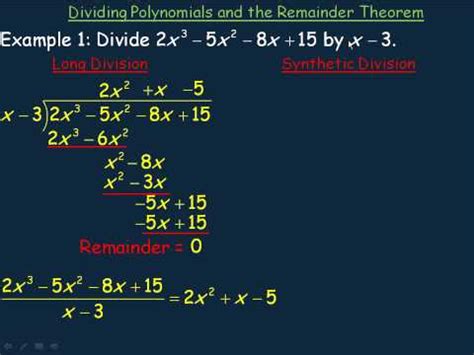 Dividing Polynomials And The Remainder Theorem Part 1 YouTube