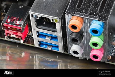 Audio Female Connector In Standard Color Code On Computer Mainboard