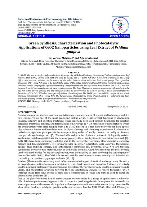 Pdf Green Synthesis Characterization And Photocatalytic Applications