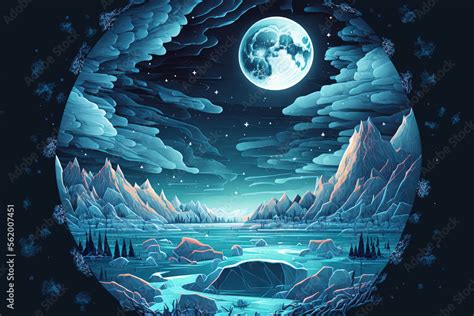 Starry Sky Frozen Fractured Ice And Nighttime Dream Scene Moonlight Reflected On Ice And Fog