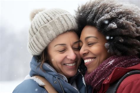 Premium Ai Image Afro Lesbian Couple Enjoying The Snow Ai Generated