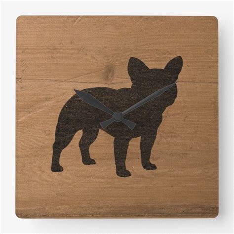 French Bulldog Silhouette Faux Wood Frenchie Dog Square Wall Clock