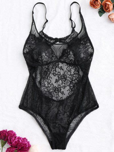 2018 Lace Panel See Through Bodysuit In Black M Zaful