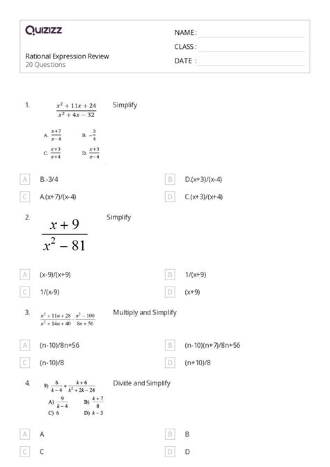 50 Rational Expressions Equations And Functions Worksheets For 9th Grade On Quizizz Free