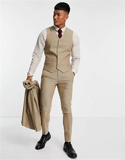 Asos Design Super Skinny Wool Mix Suit Pants In Stone Herringbone Asos