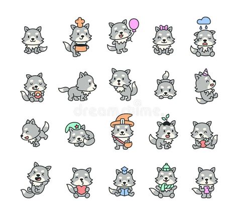 Cute Kawaii Wolf Characters With Happy Emotions Stock Vector