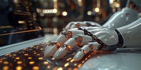 Robotic Hand Typing On Keyboard In Futuristic Workspace With Advanced